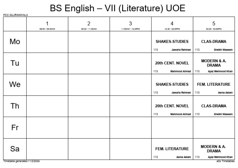 BS English Literature Schedule | PDF