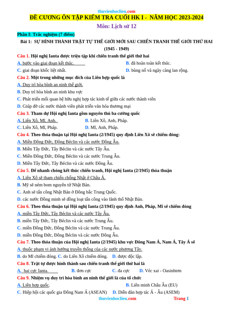 De Cuong On Tap Lich Su 12 HK1!23!24 | PDF