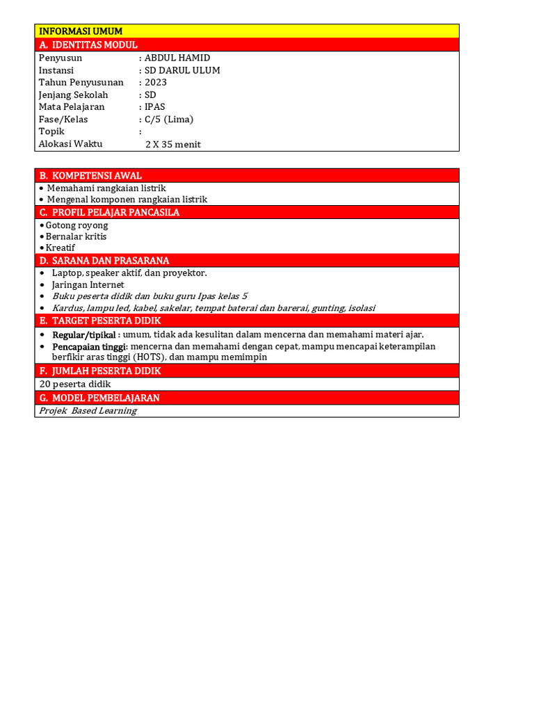 Modul Ajar PJBL Rangkaian Listrik SD | PDF | Metode & Bahan Ajar