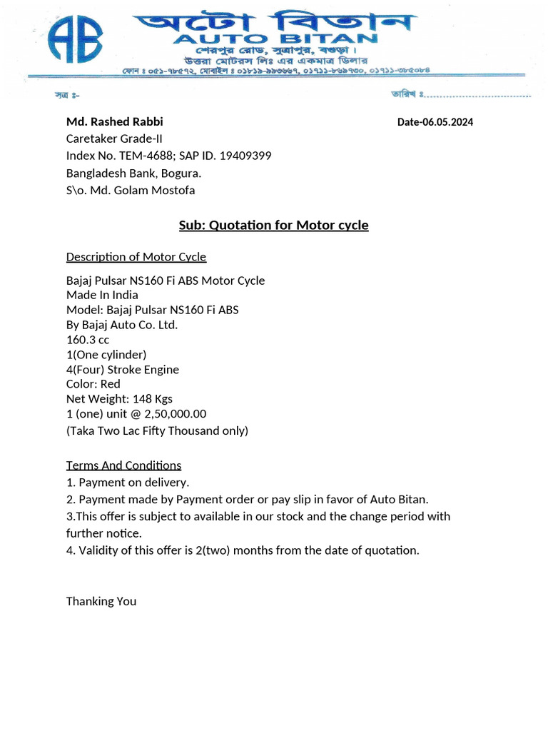 Motor Cycle Quotation Rabbi | PDF