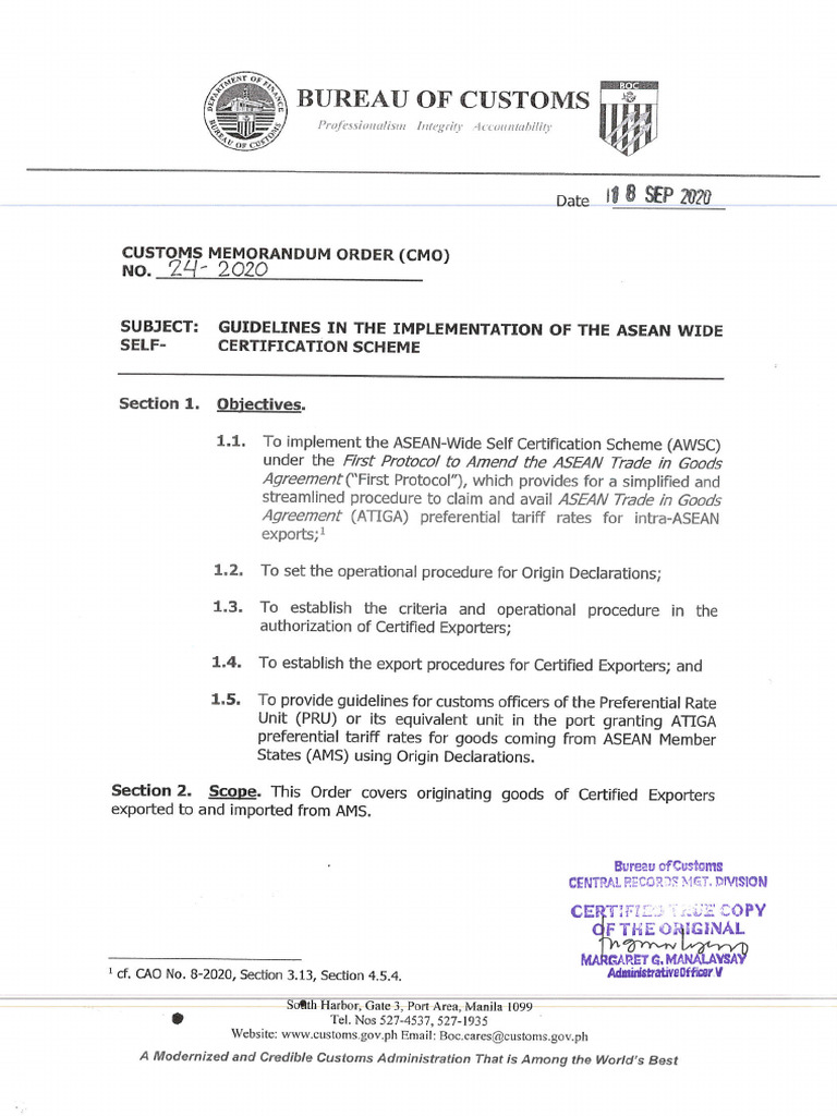 BOC Customs Memorandum Order No 24 2020 | PDF