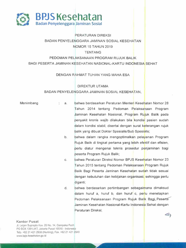 Perdir 15 Tahun 2019 - Pedoman Pelaksanaan Rujuk Balik | PDF