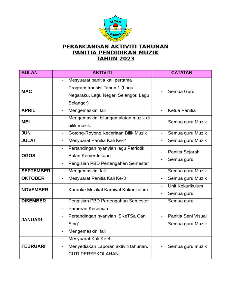 Takwim Panitia Muzik | PDF