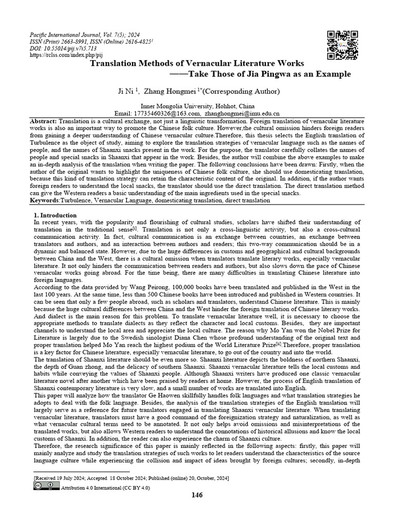 Translation Methods of Vernacular Literature Works - Take Those of Jia Pingwa As AnExample | PDF ...