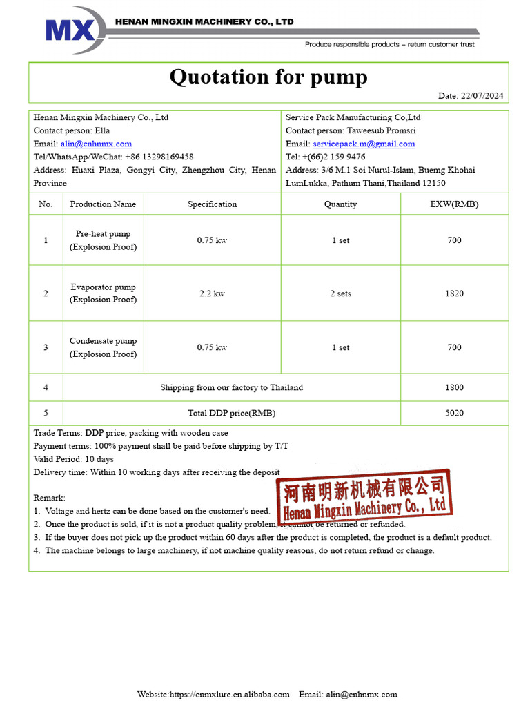 Pump Quotation for Thailand Delivery | PDF