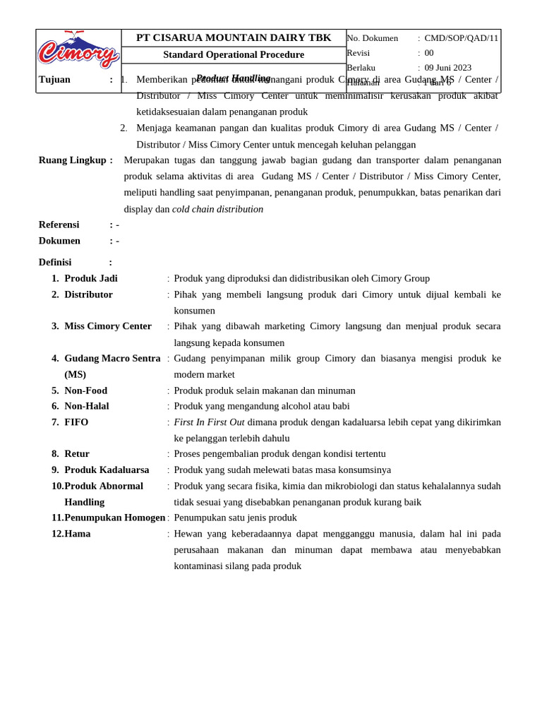 SOP Penanganan Produk Cimory | PDF | Bisnis | Griya & Taman