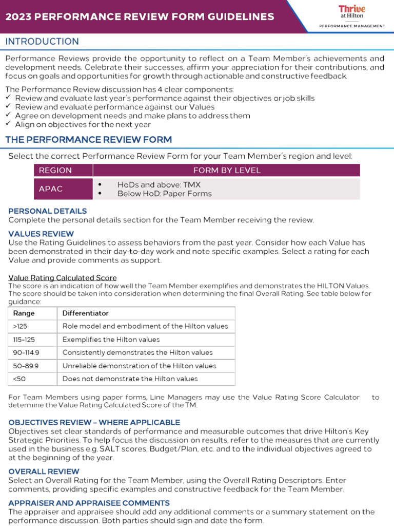 Hilton Team Member Performance Review Guide | PDF