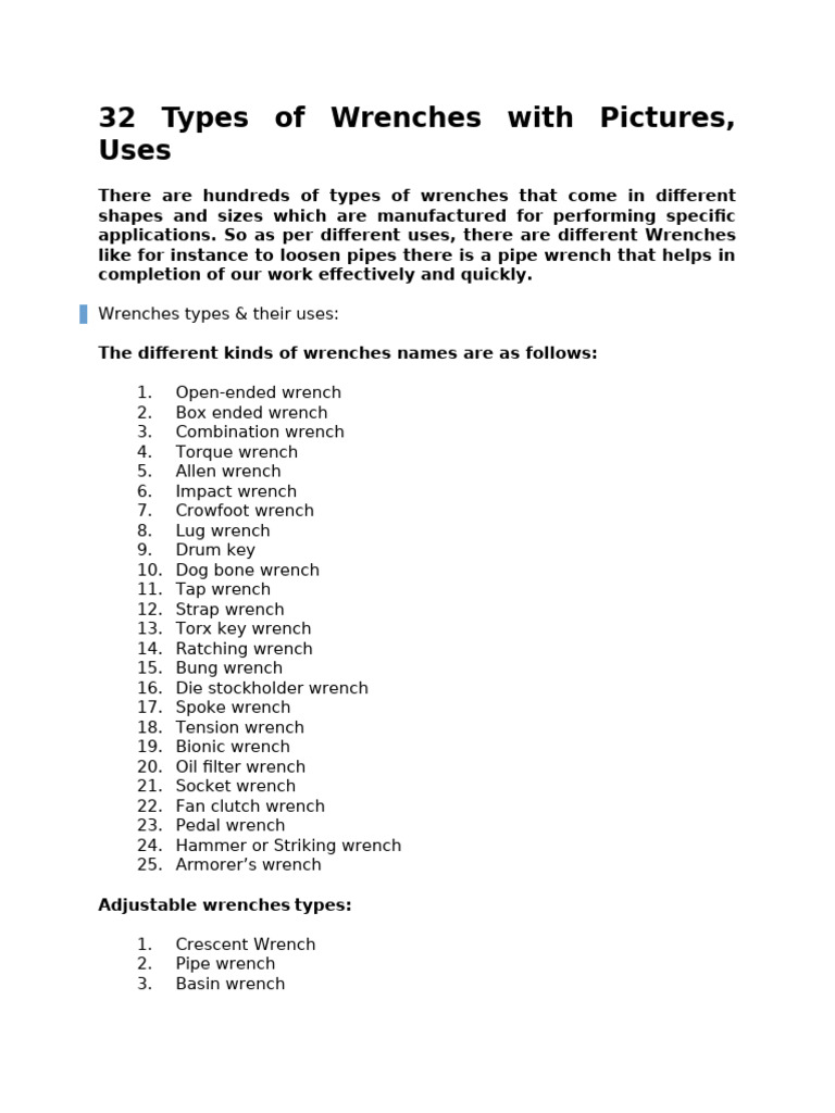 32 Types of Wrenches With Pictures | PDF | Nut (Hardware) | Screw