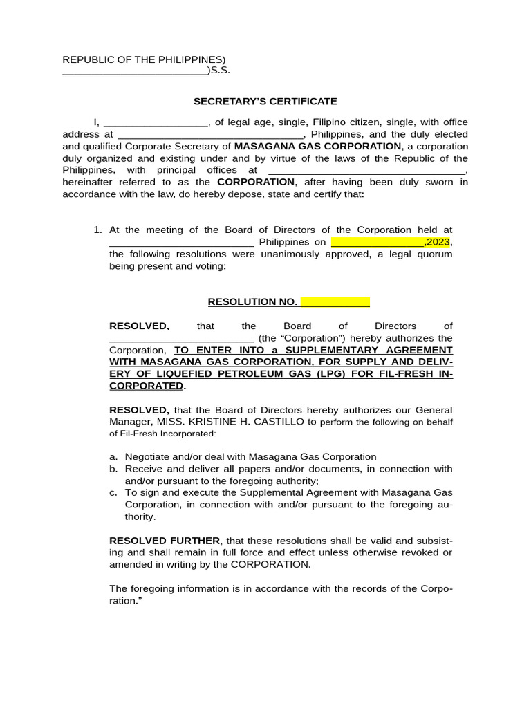 2023 Sec Cert Template Authorized Signatory of The Contract | PDF | Legal Documents | Government