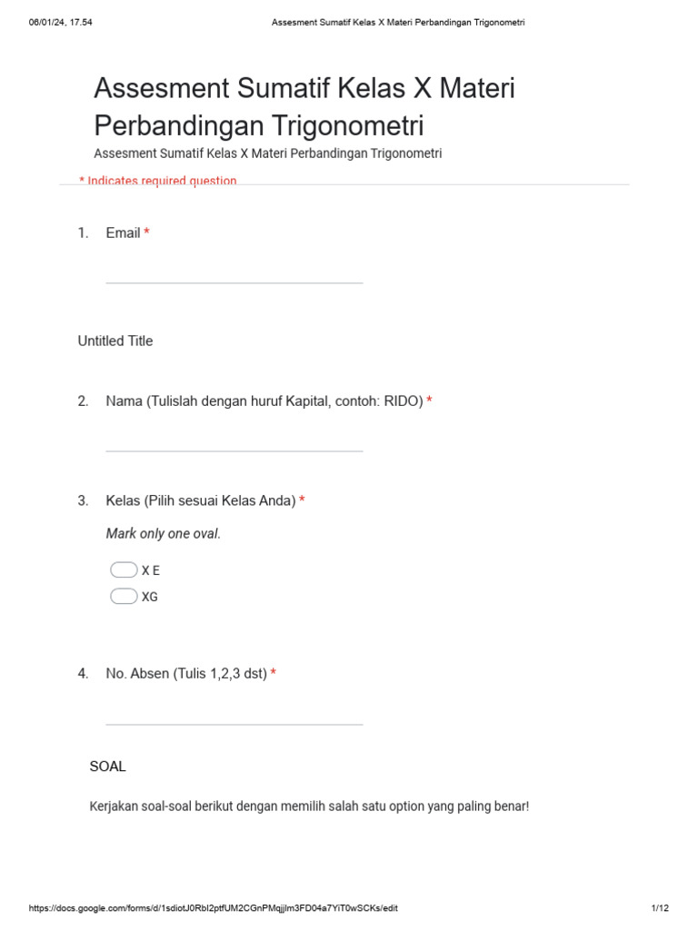 4 Assesment Sumatif Kelas X Materi Perbandingan Trigonometri - Google Forms | PDF