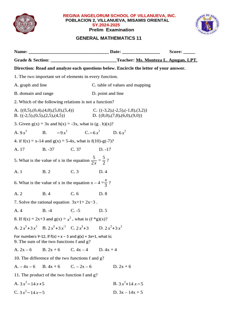 G11 Exam 2024-2025 | PDF | Function (Mathematics) | Applied Mathematics