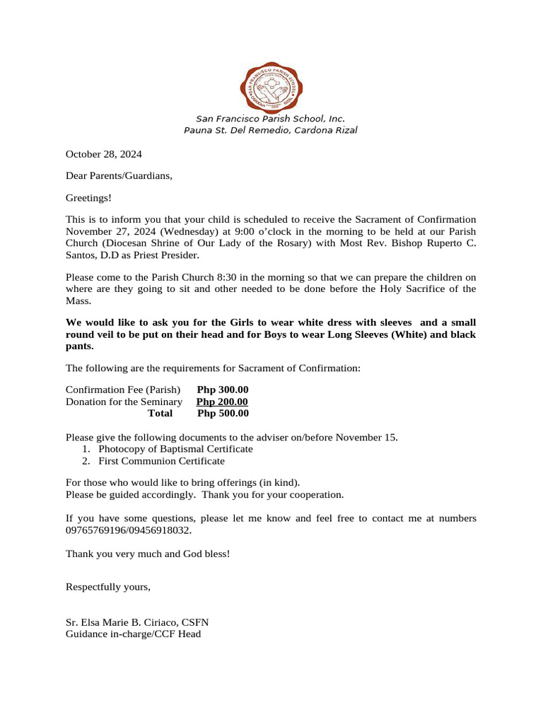 Sacrament of Confirmation Letter | PDF