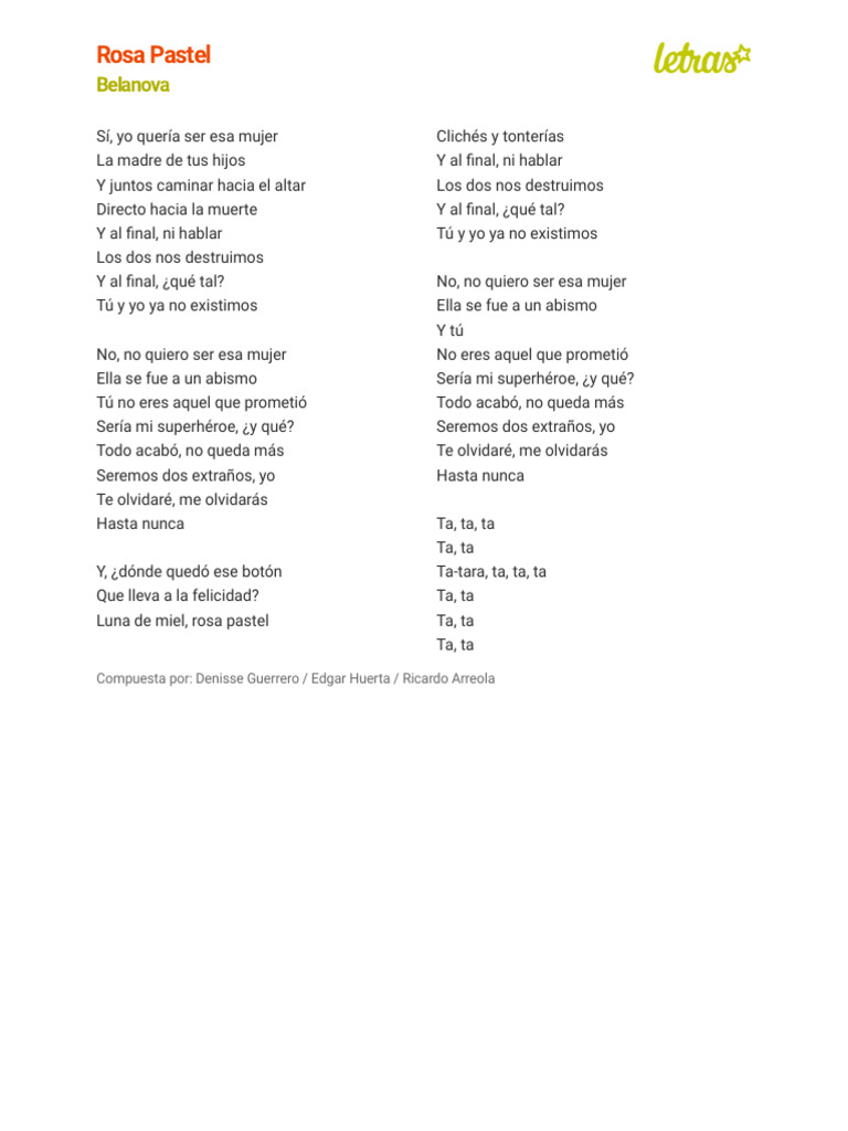 Letra de "Rosa Pastel" de Belanova | PDF