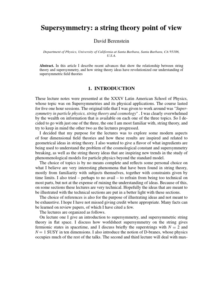David Berenstein - Supersymmetry: A String Theory Point of View | PDF | String Theory | Space