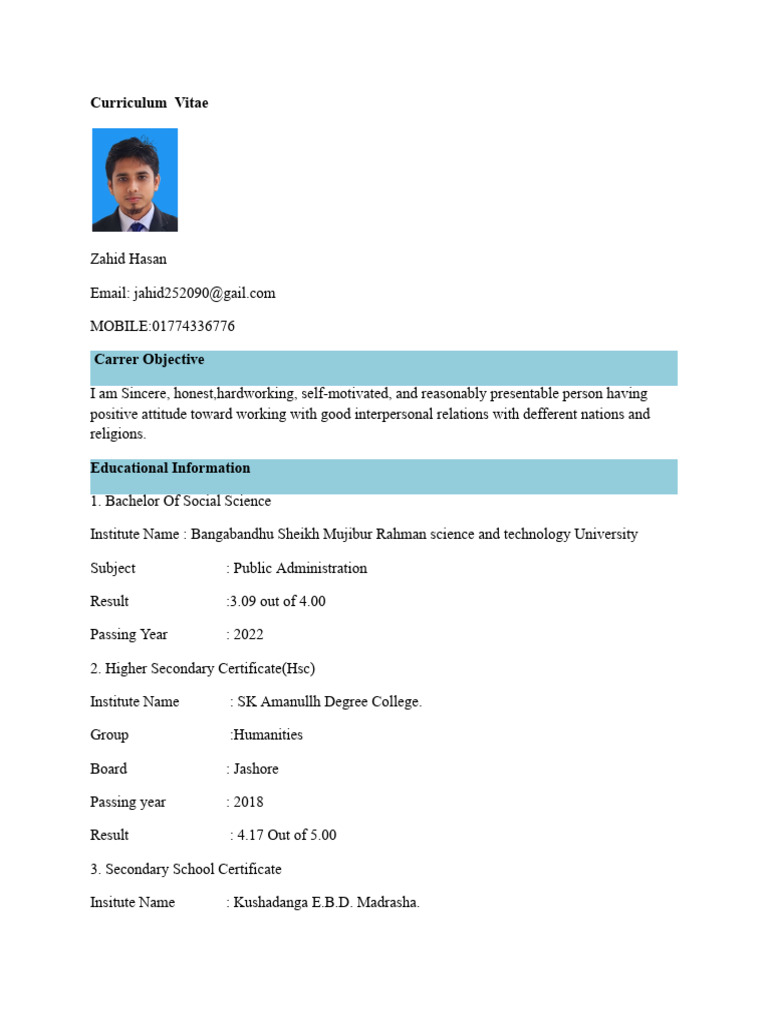 Zahid Hasan CV: Public Administration Graduate | PDF