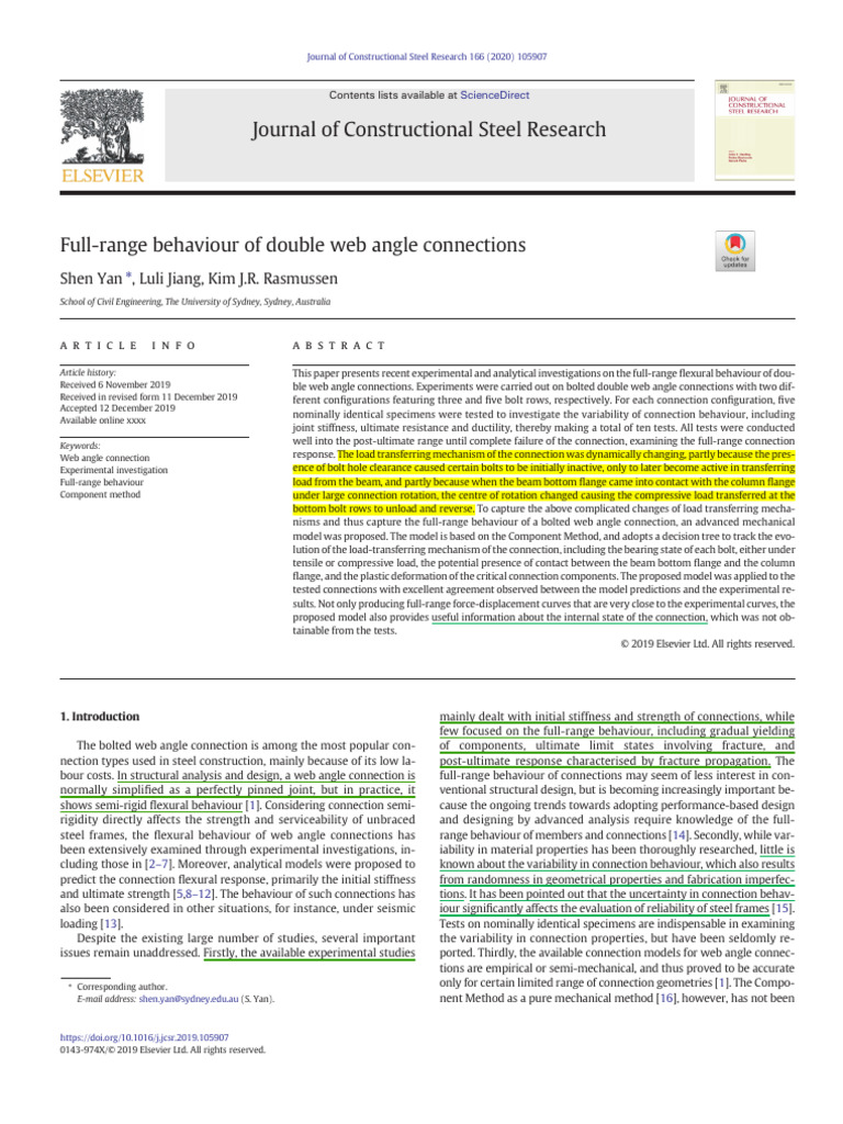 2020 Yan, Jiang, Rasmussen - Full-Range Behaviour of Web Angle Connections | PDF | Fracture ...