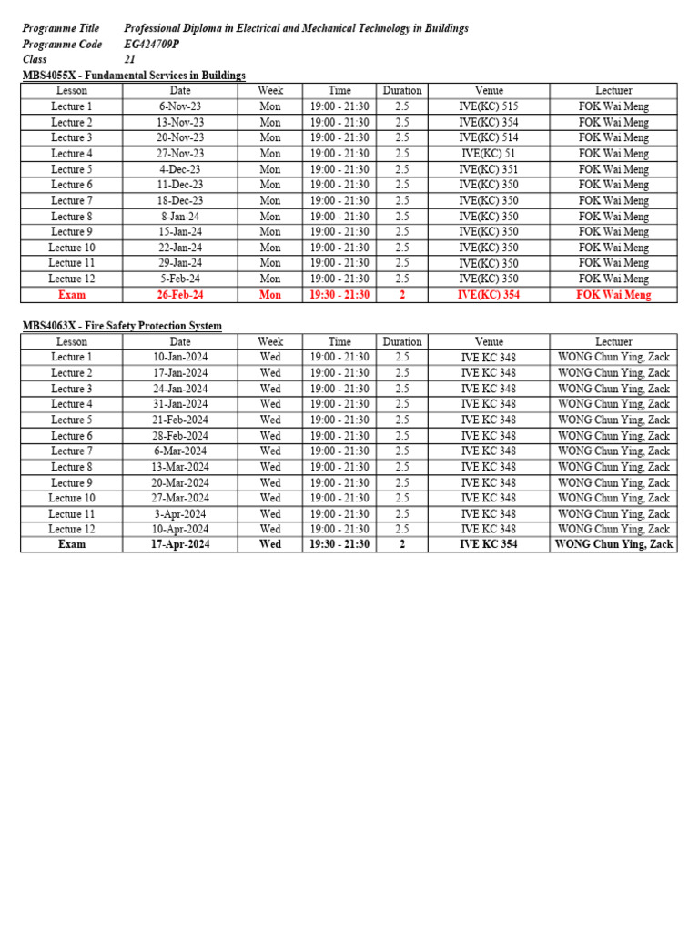 Time Table - PD in EMT - Class 21 - 0102 | PDF