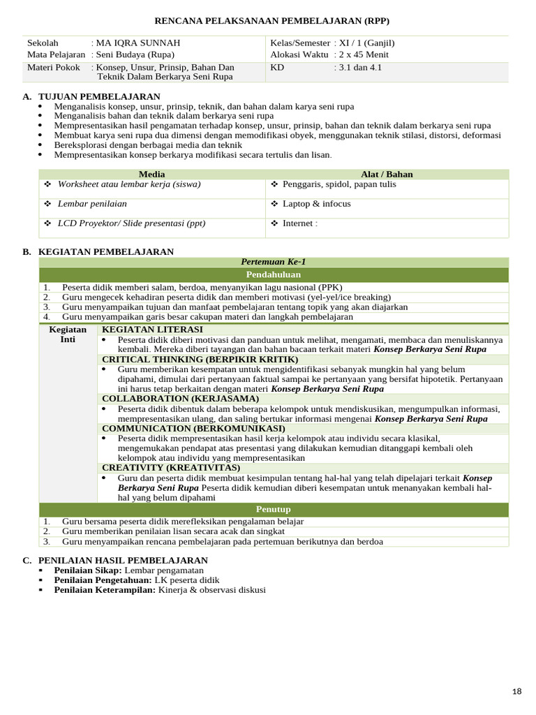 12.RPP I SBK (Rupa) Kelas 11 SEM 1 | PDF