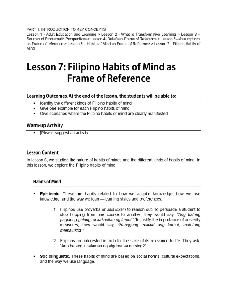 Filipino Habits of Mind Explained | PDF | Knowledge | Mind