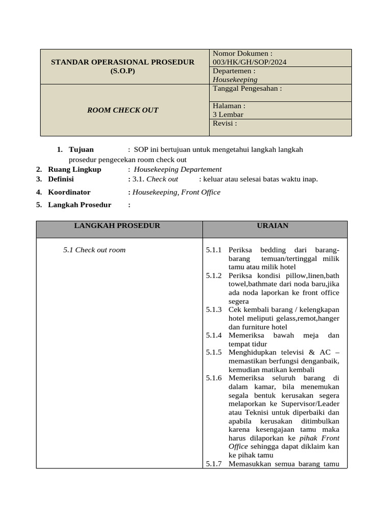 003 Sop Rooms Check Out | PDF