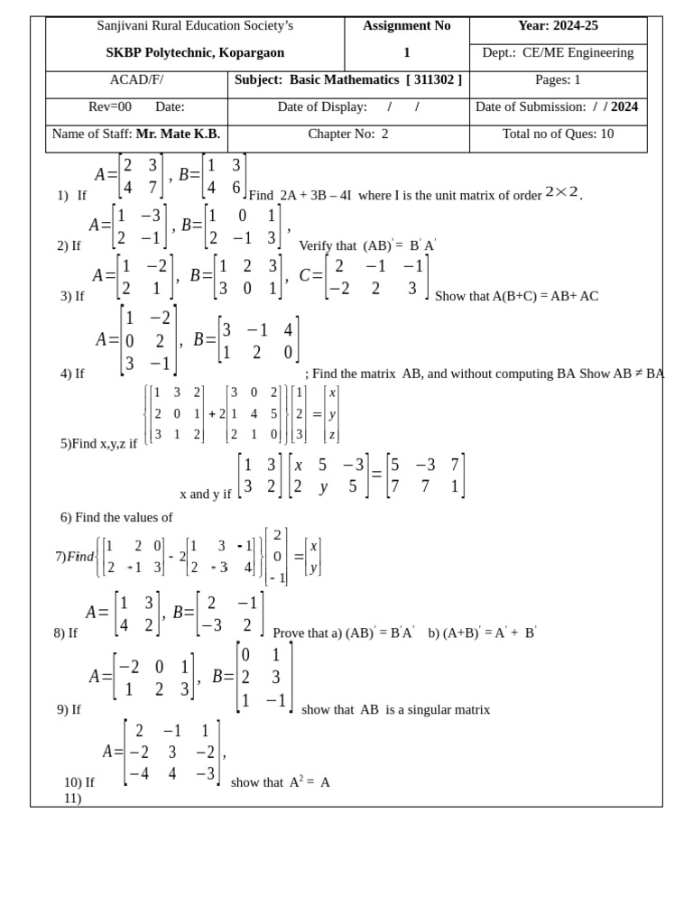 KBM BMS Assignments New | PDF | Standard Deviation | Tangent