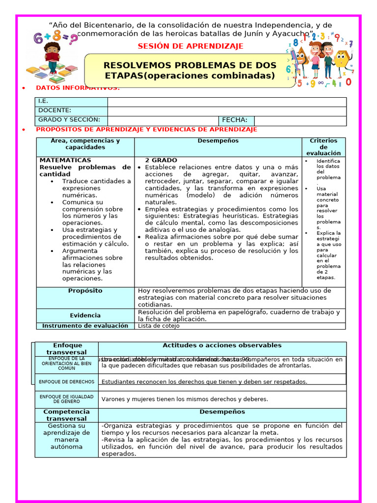 1º U7 s4 Sesion d2 Mat Resolvemos Probl de Dos Etapas Operaciones ...