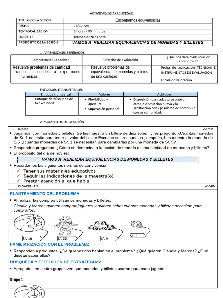 Equivalencias de Monedas y Billetes | PDF | Evaluación | Billete de banco
