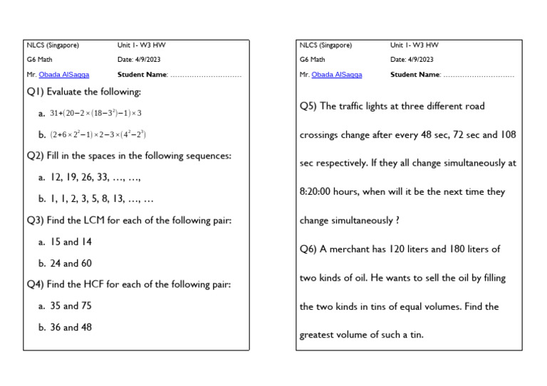 G6 Unit 1 W3 HW | PDF