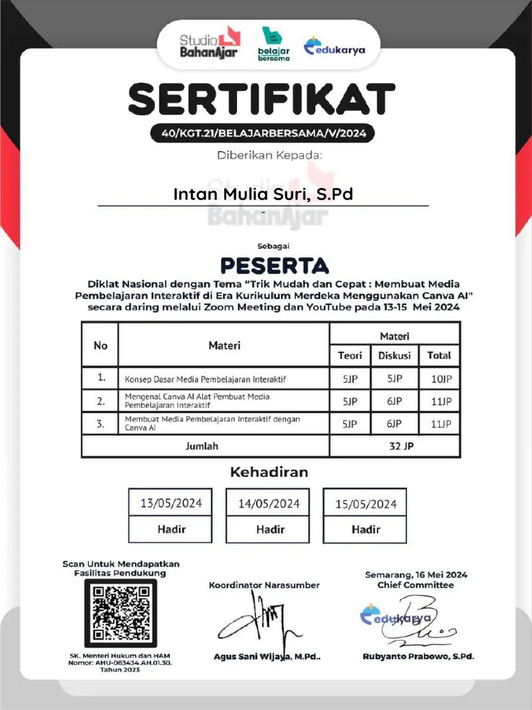 Sertifikat Studio Bahan Ajar 13 - 15 Mei 2024 | PDF