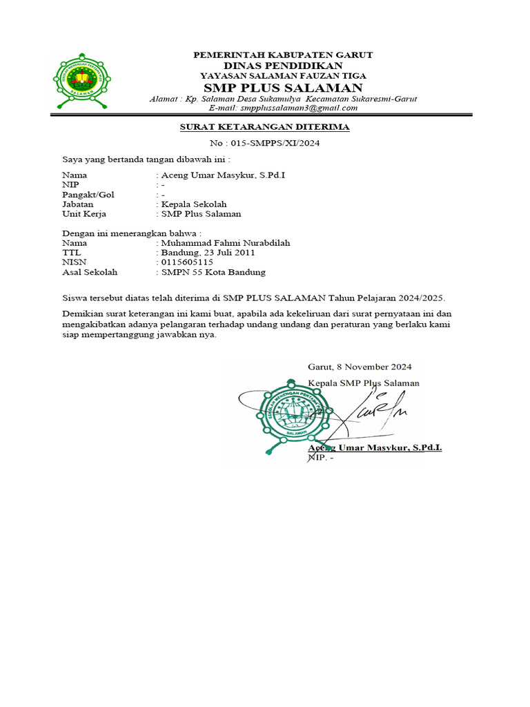 Surat Penerimaan Muhammad Fahmi | PDF