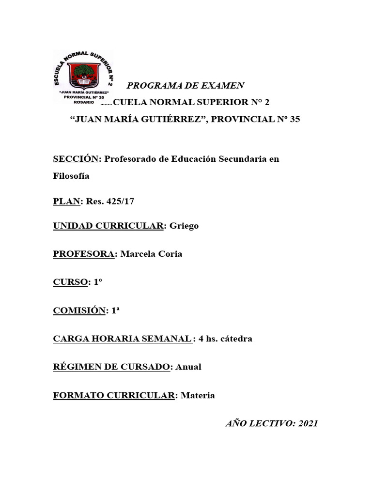 Filosofia - 1A - Griego - Coria - PROGRAMA 2021 | PDF | Verbo | Numero Gramatical