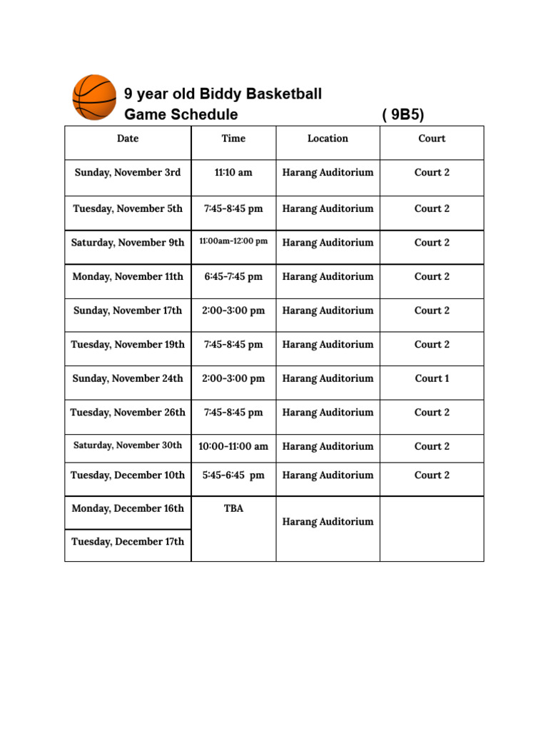 9 Year Old Biddy Basketball Game Schedule | PDF