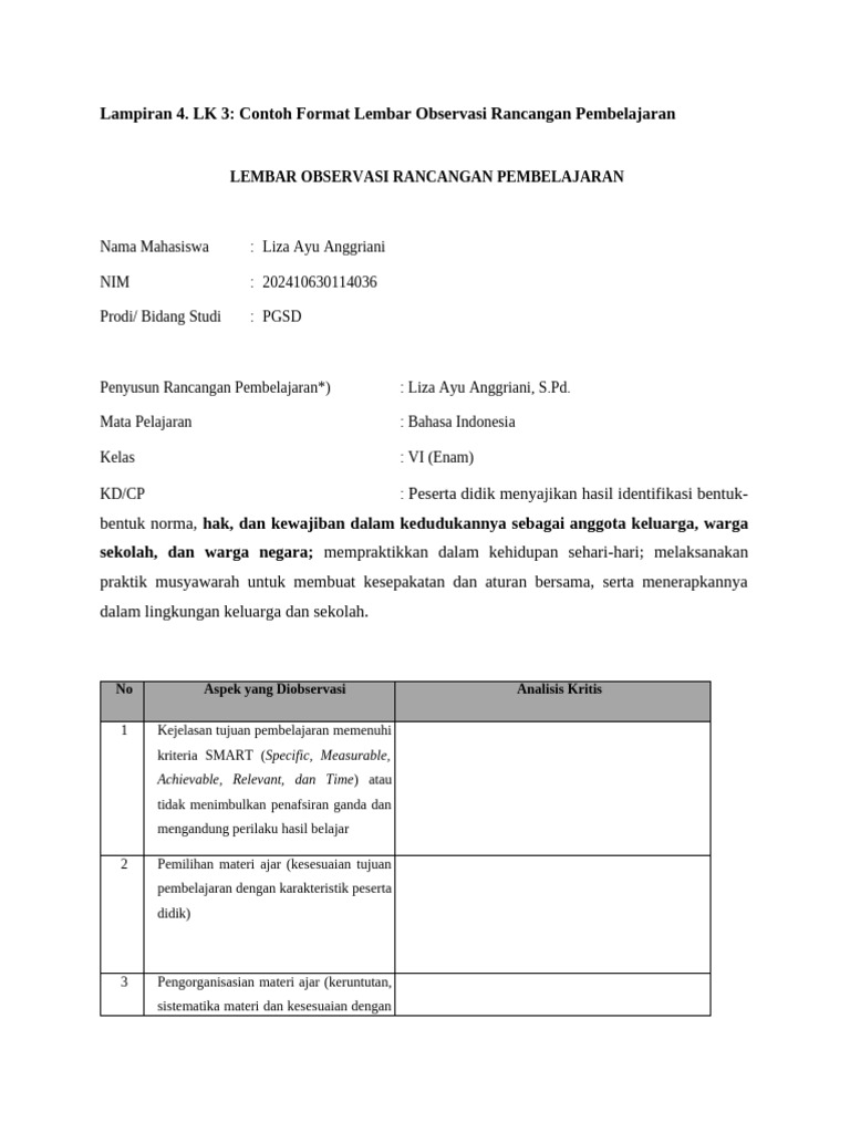 Lampiran 4. LK 3 Contoh Format Lembar Observasi Rancangan Pembelajaran ...