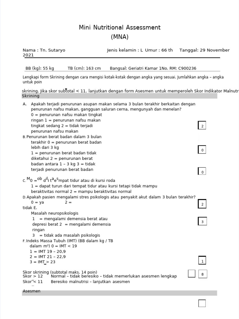 Mini Nutritional Assessment (MNA) | PDF