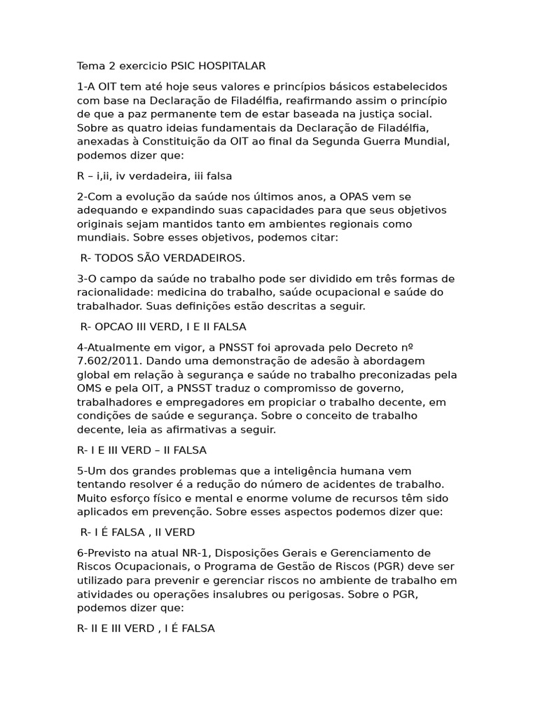 Tema 2 exercicio PSIC HOSPITALAR | PDF