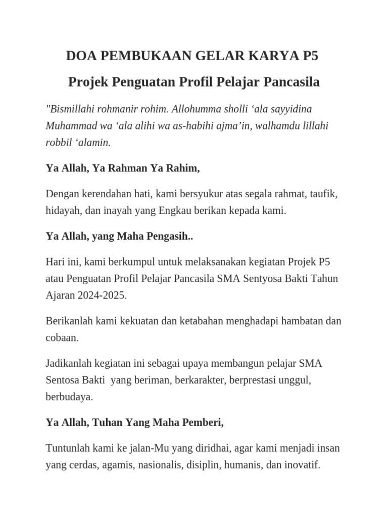 Doa Pembukaan Gelar Karya P5 | PDF