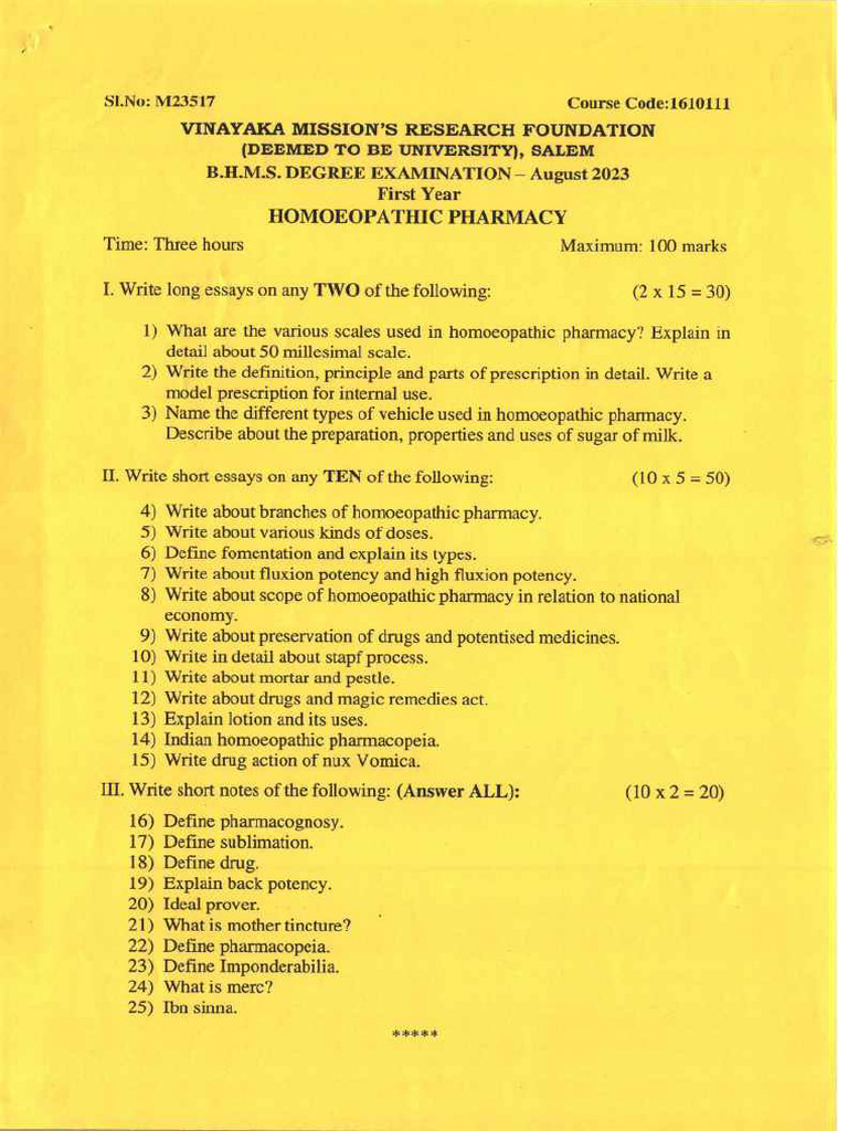 Homoeopathic Pharmacy Previous Question Paper | PDF