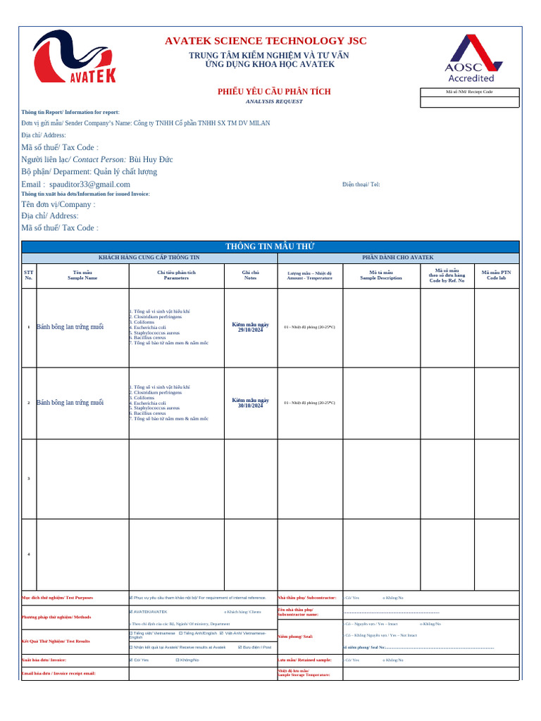 1. FORM PYC - AVATEK (Bánh Bông Lan Trứng Muối) | PDF