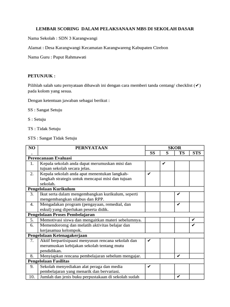 Lembar Scoring Guru Dalam Pelaksanaan MBS Di Sekolah Dasar | PDF