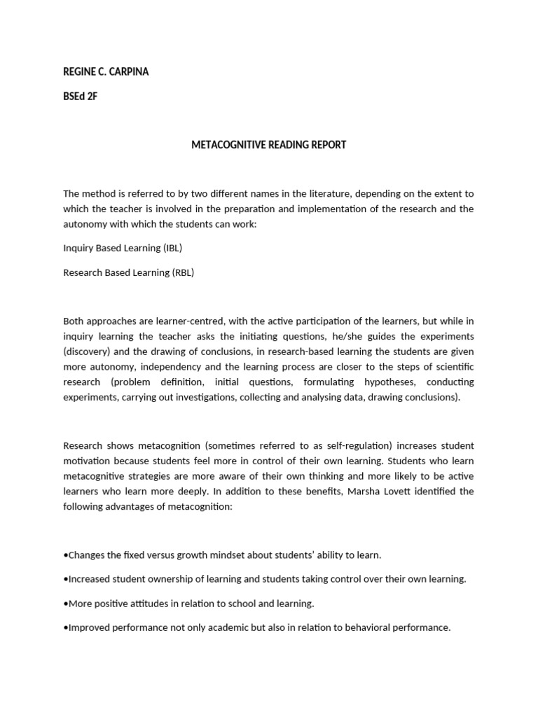Metacognitive Report | PDF | Learning | Inquiry Based Learning