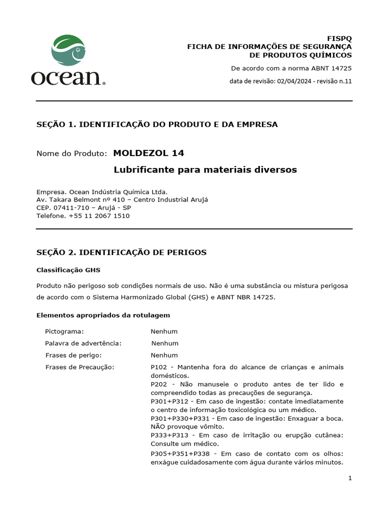 FISPQ do Lubrificante Moldezol 14 | PDF | Embalagem e rotulagem | Química
