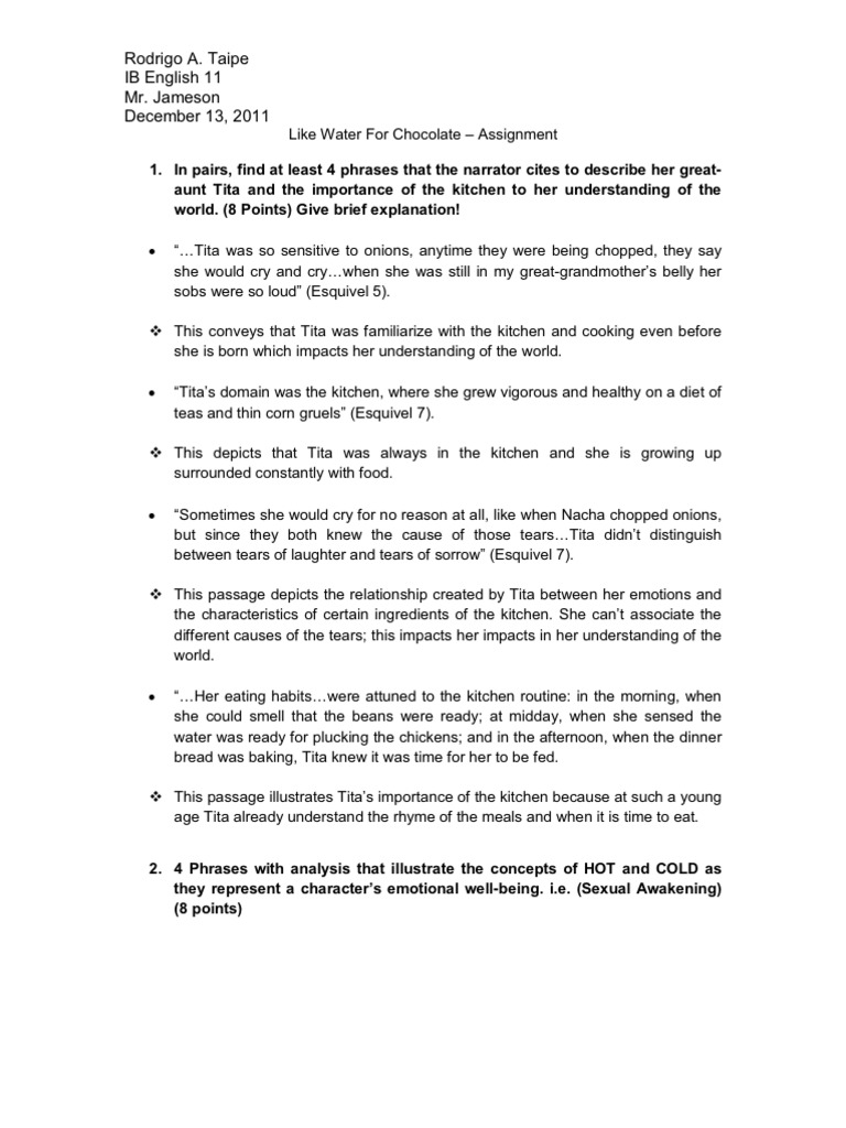 Like Water For Chocolate - Assignment | PDF | Foods