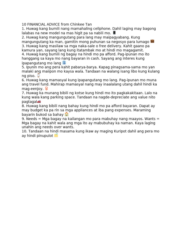 10 Financial Advice From Chinkee Tan | PDF