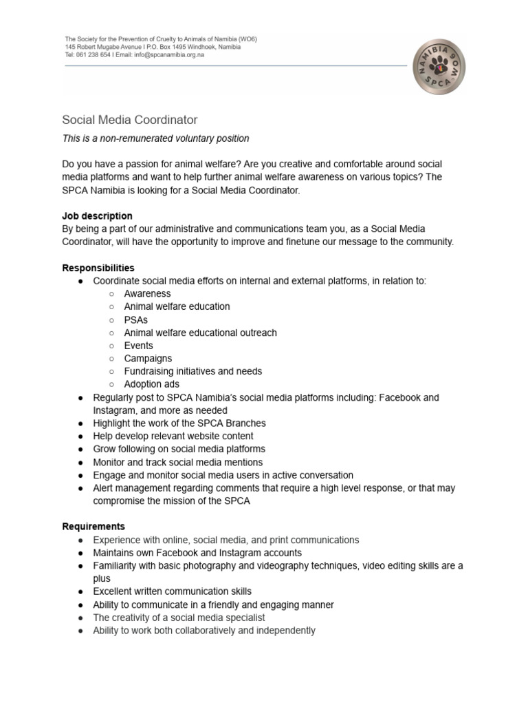 SPCA Namibia - Social Media Coordinator (2024!09!17) | PDF | Social ...