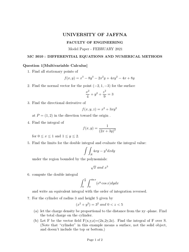 Differential Equations Model Paper | PDF | Integral | Equations