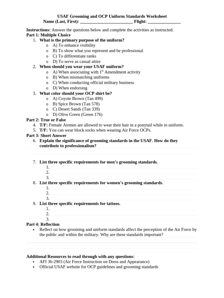 USAF Grooming and OCP Uniform Standards Worksheet | PDF | Computers