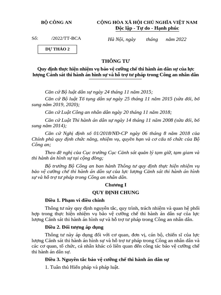 Du Thao Thong Tu Quy Dinh Thuc Hien Nhiem Vu Bao Ve Cuong Che Thi Hanh An Dan Su Cua Luc Luong ...