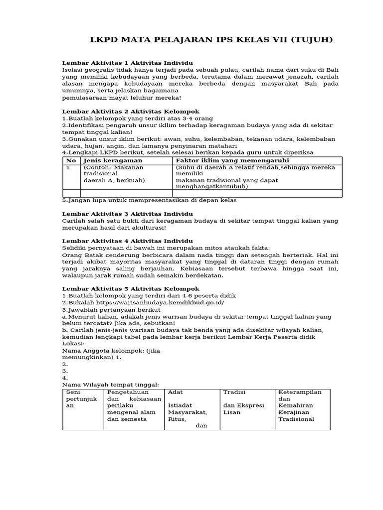 LKPD Mata Pelajaran Ips Kelas Vii | PDF | Ilmu Sosial | Seni & Disiplin Bahasa