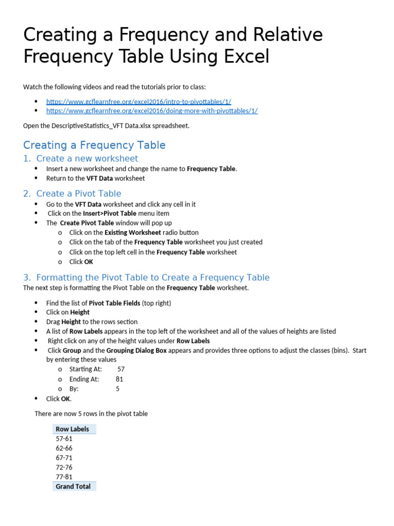 VisualizingStatistics - Creating A Frequency Table Using Excel-1 | PDF | Information Retrieval ...