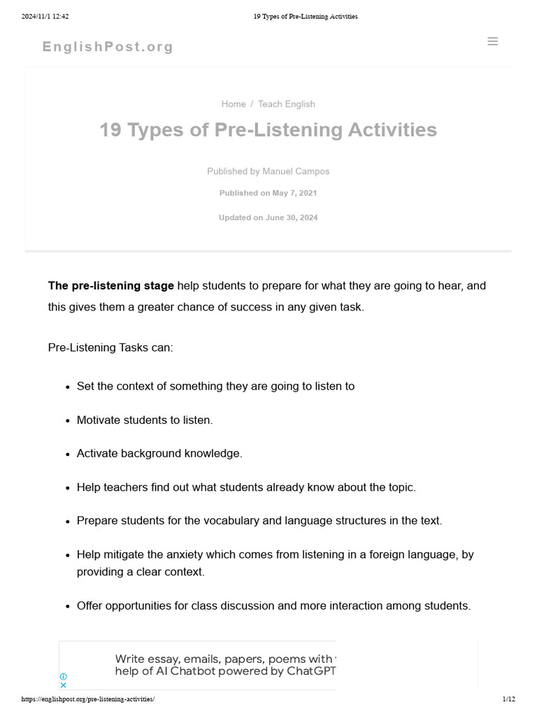 19 Types of Pre-Listening Activities | PDF | Brainstorming | Reading ...